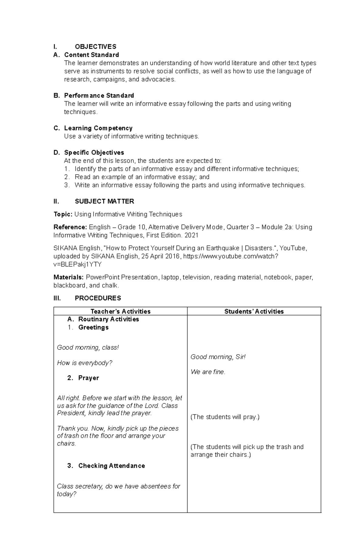 English 10 Lesson on Informative Writing Techniques - Quarter 3 Module ...
