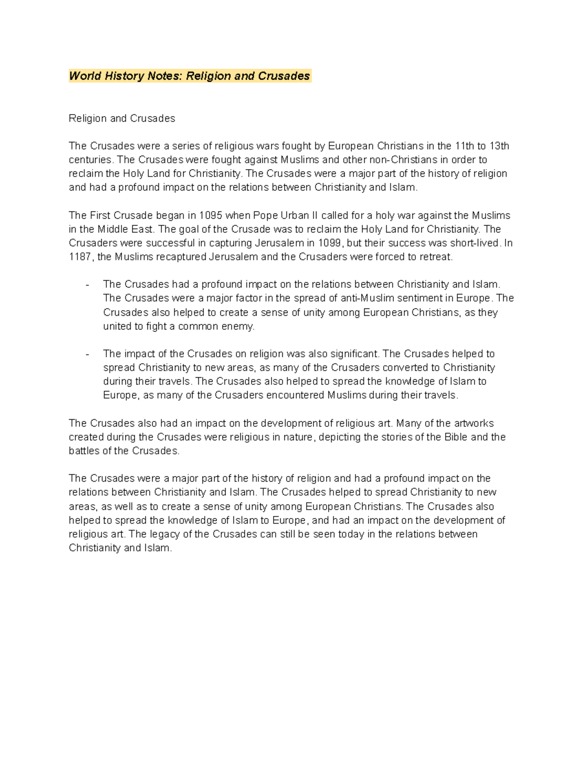 History Notes (22) - World History Notes: Religion and Crusades ...