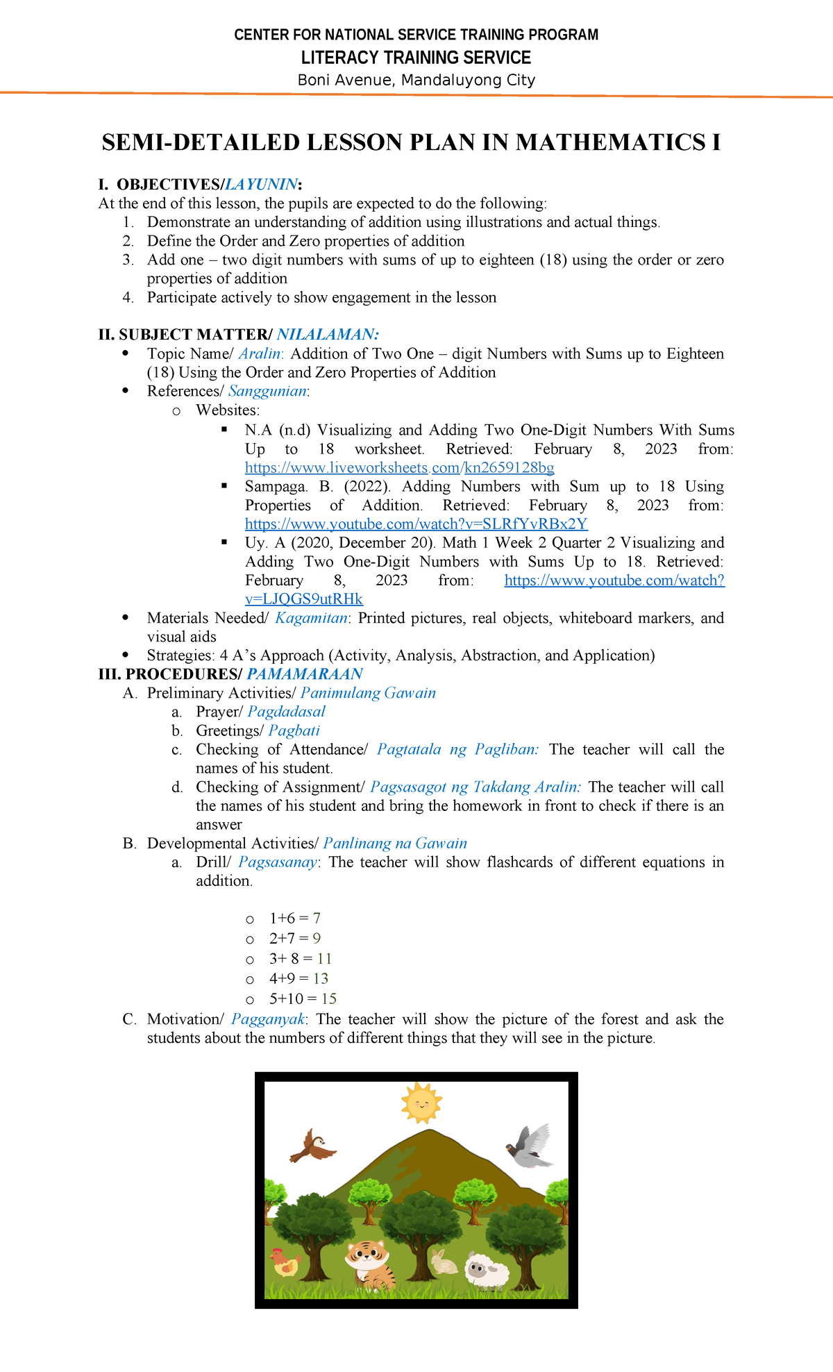 SEMI-Detailed Lesson Plan (Mathematics I): Addition of One-Digit ...