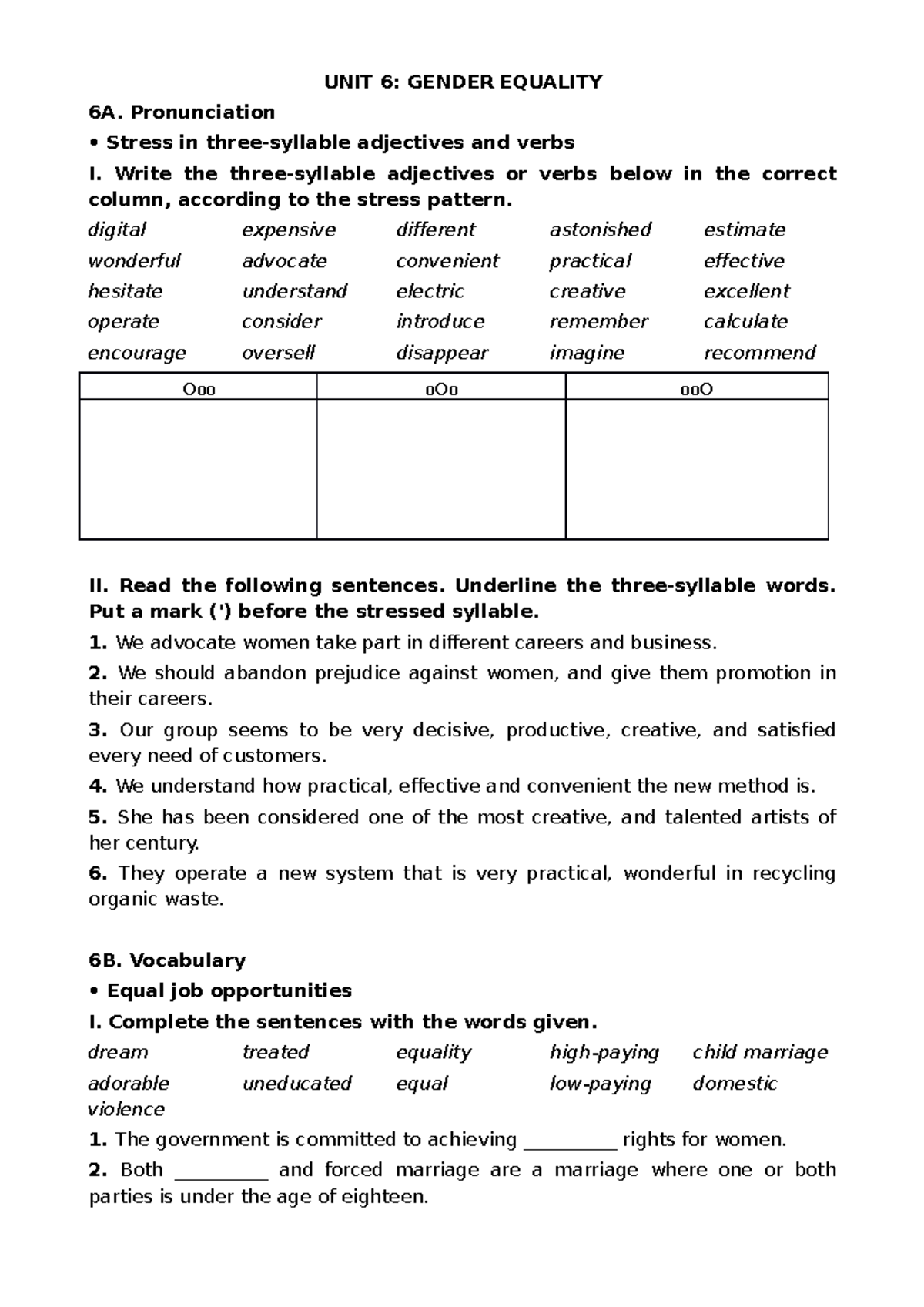 UNIT 6: GENDER EQUALITY EXERCISES (EX 8) - Studocu