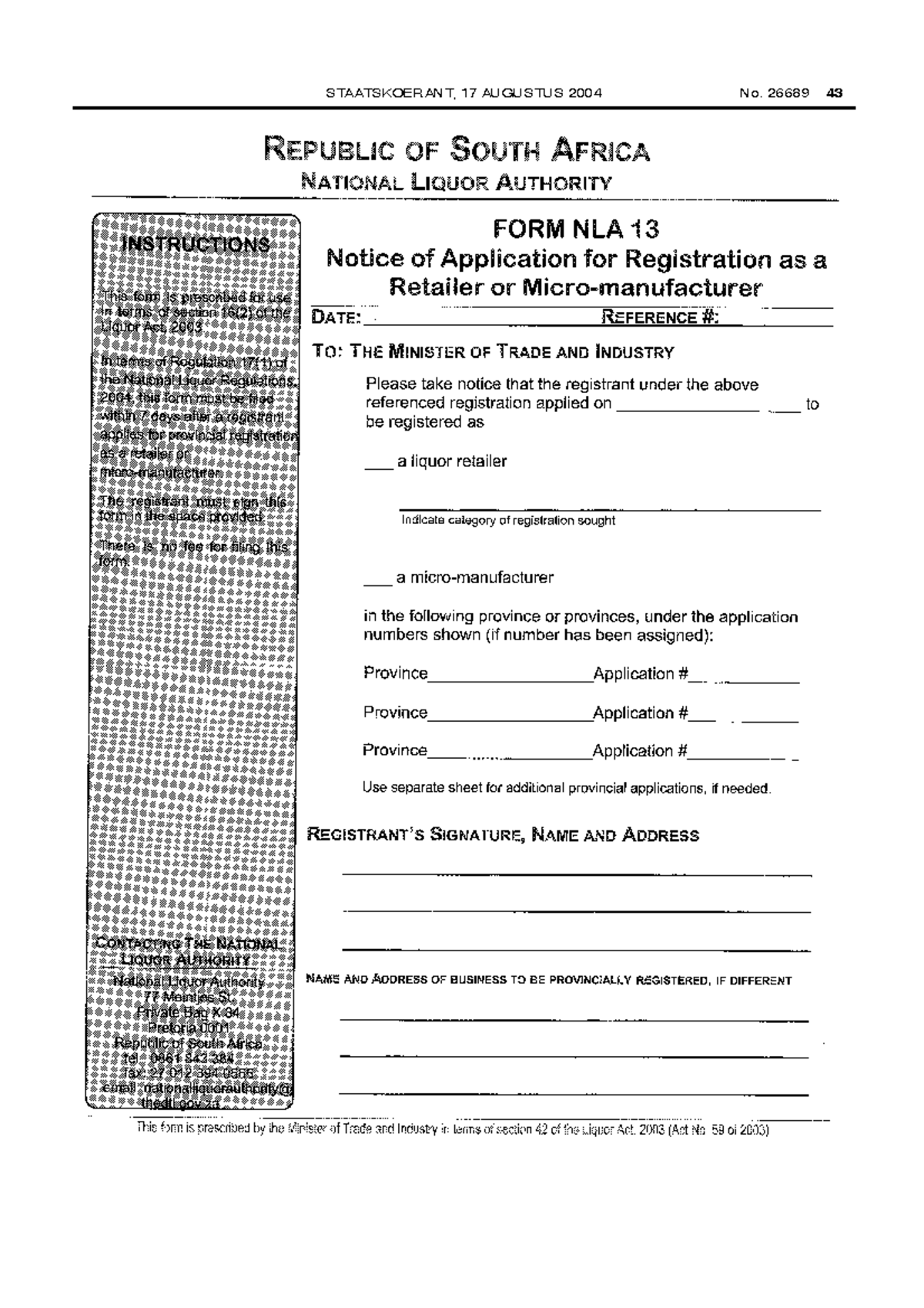 NLA-13 form instructions for liquor retailer registration - Studocu