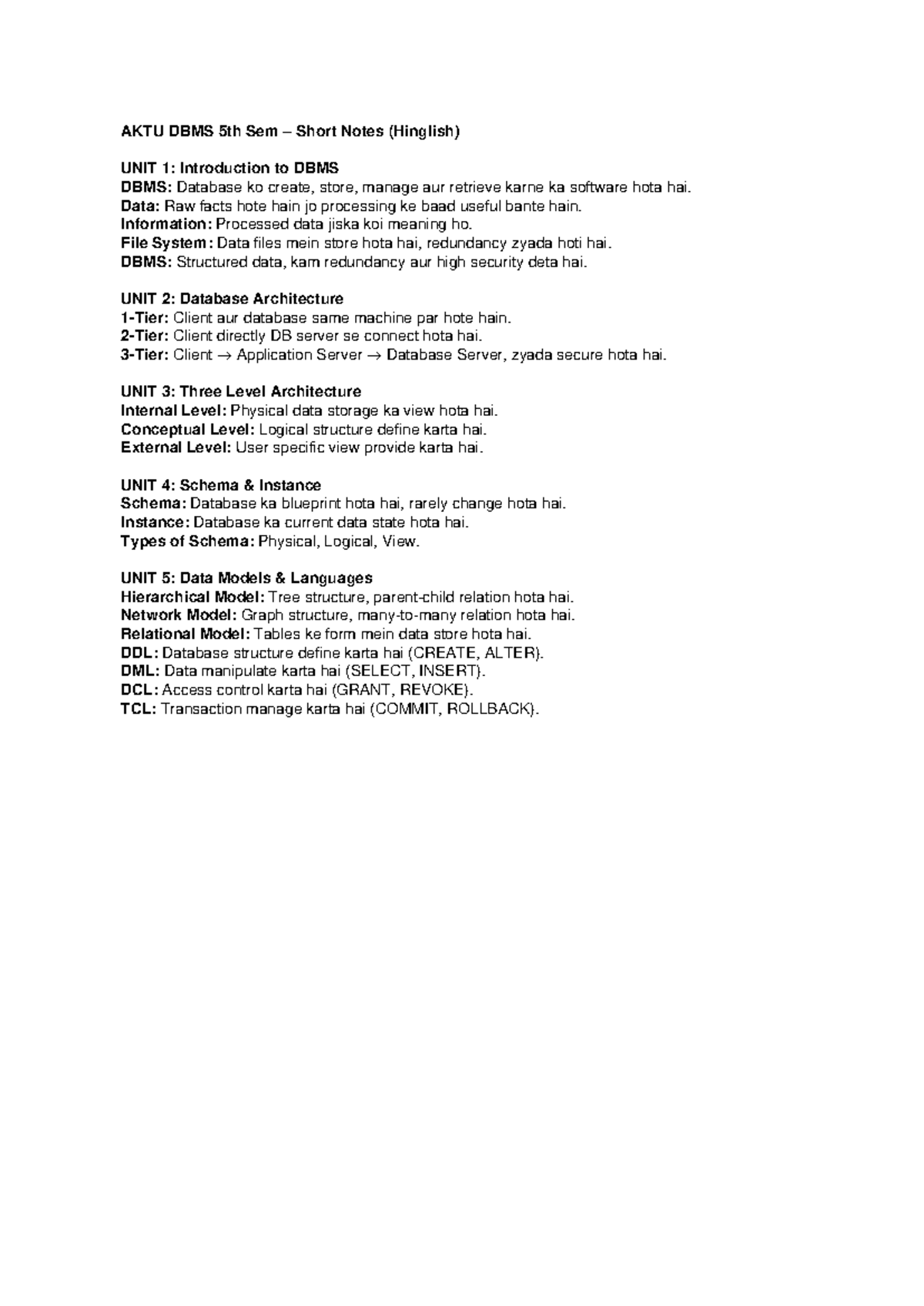 AKTU DBMS 5th Sem Short Notes: Key Concepts & Architecture - Studocu