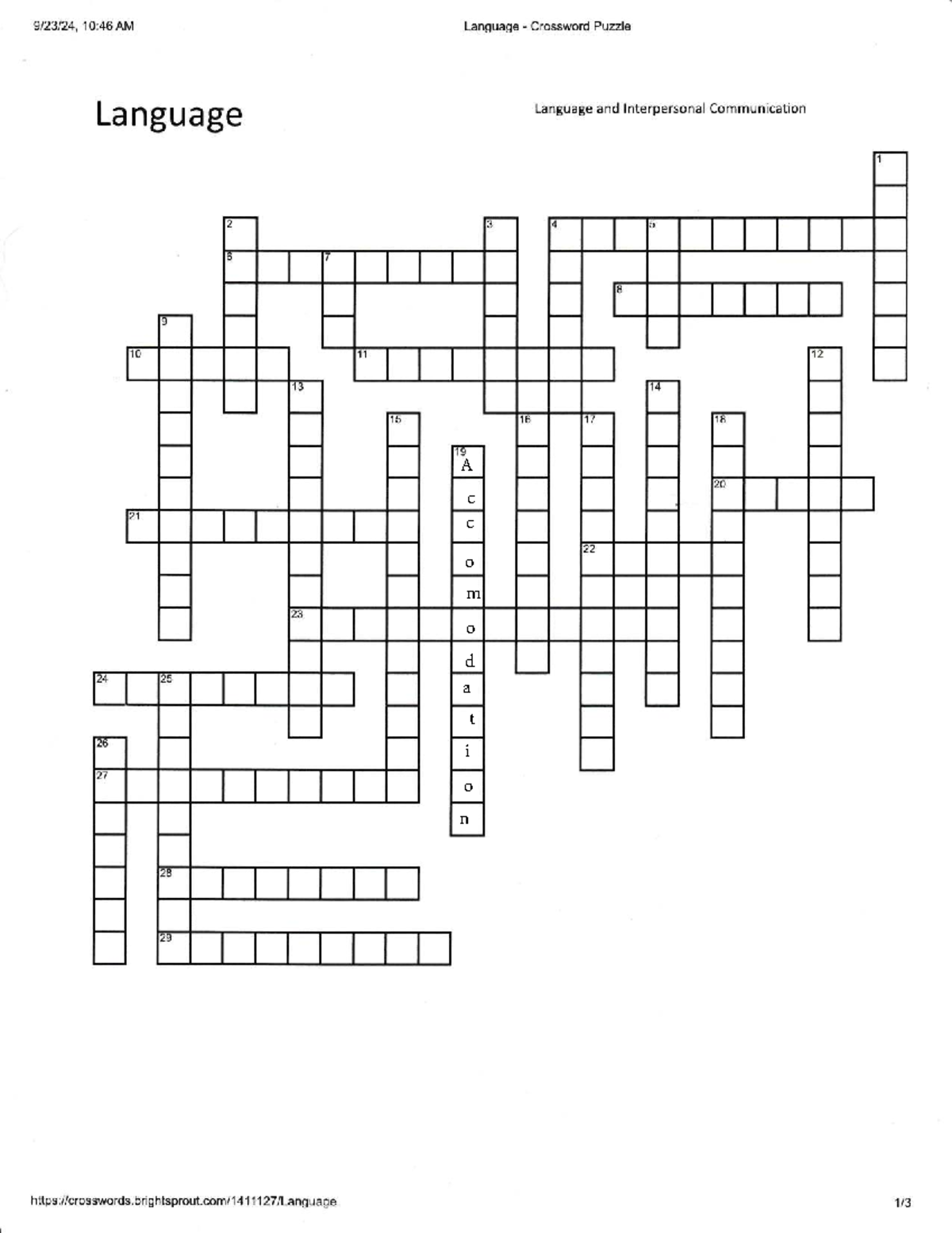 Ch. 6 Crossword Puzzle: Language & Interpersonal Comm. - Studocu