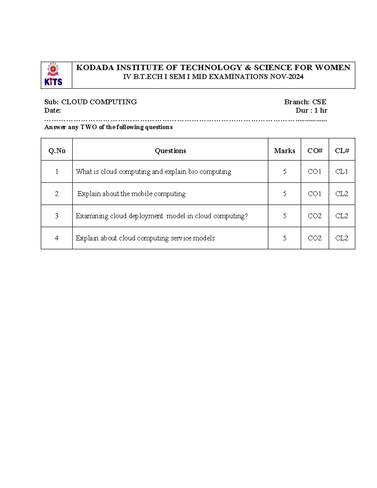 Cc 1 mid -1 4cse - Test paper - KODADA INSTITUTE OF TECHNOLOGY ...