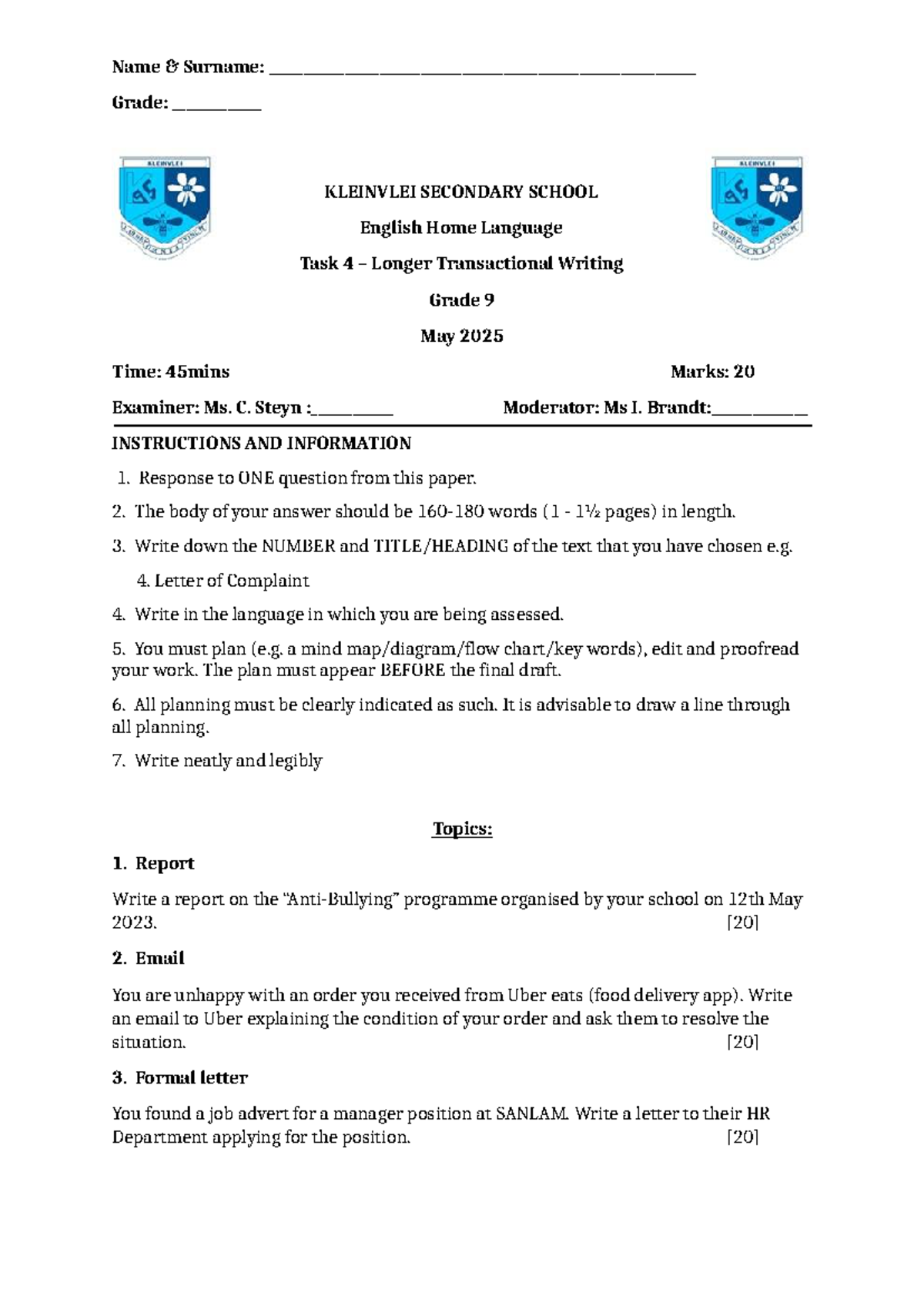 Task 4 Grade 9 HL - Longer Transactional Writing Instructions & Topics ...