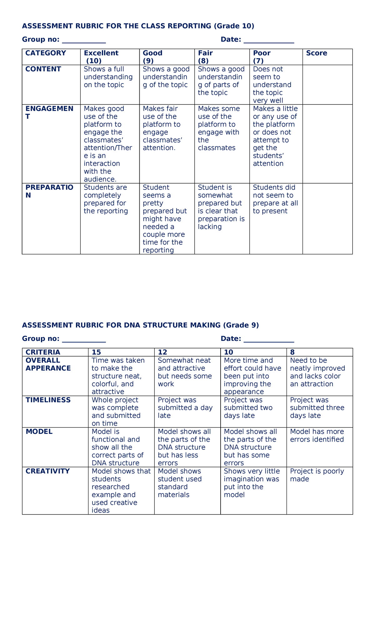 Rubric for Group Reporting & DNA Structure (Grade 9-10) - Studocu
