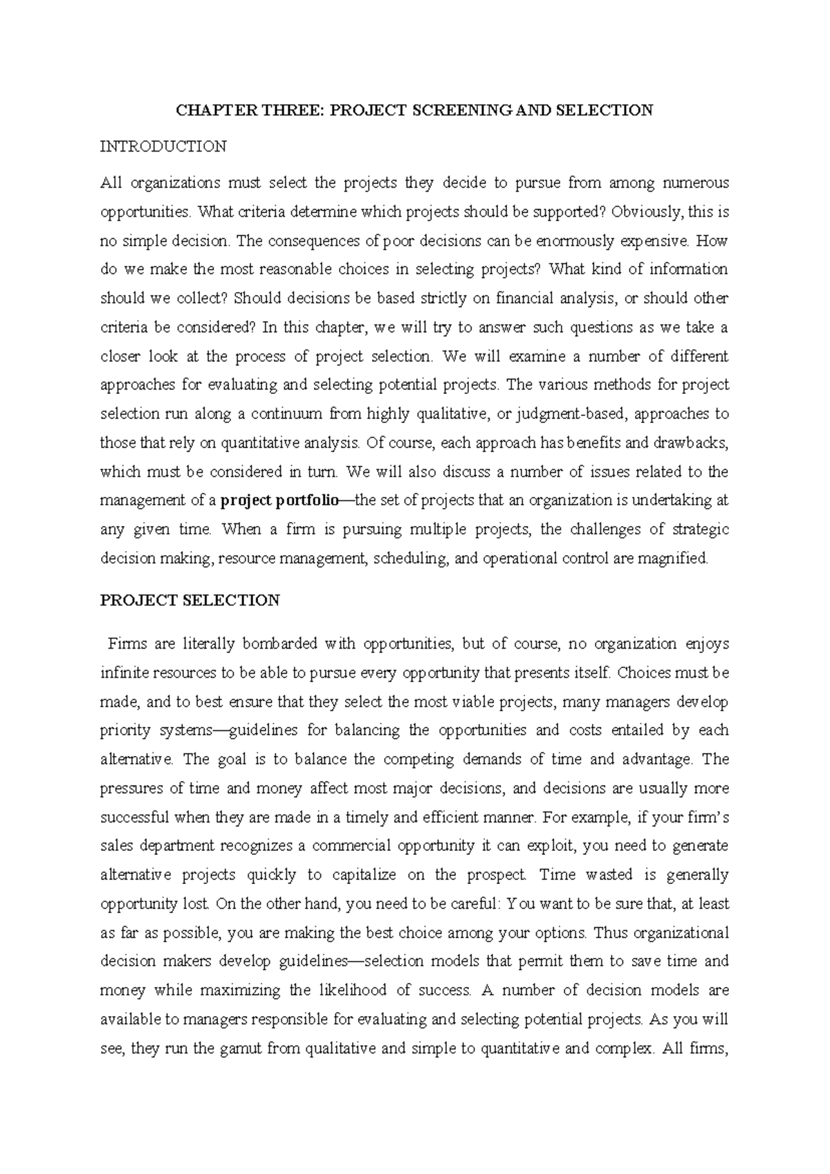 Project Management: Chapter 3 - Project Screening & Selection - Studocu