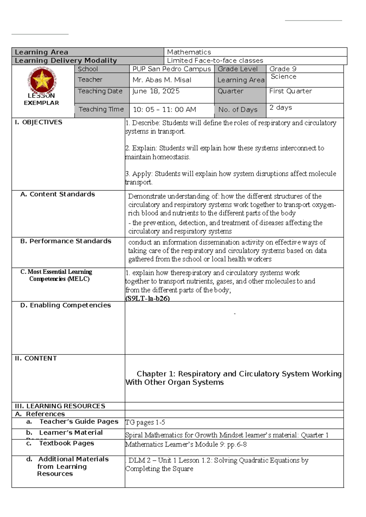 Science 9 Lesson Plan: Respiratory System Overview (06/17/2025) - Studocu