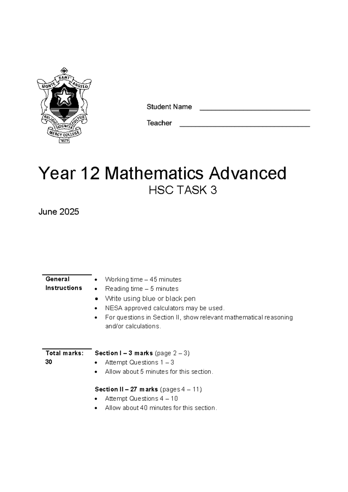 Year 12 Mathematics Advanced HSC Task 3 Exam June 2025 - Studocu