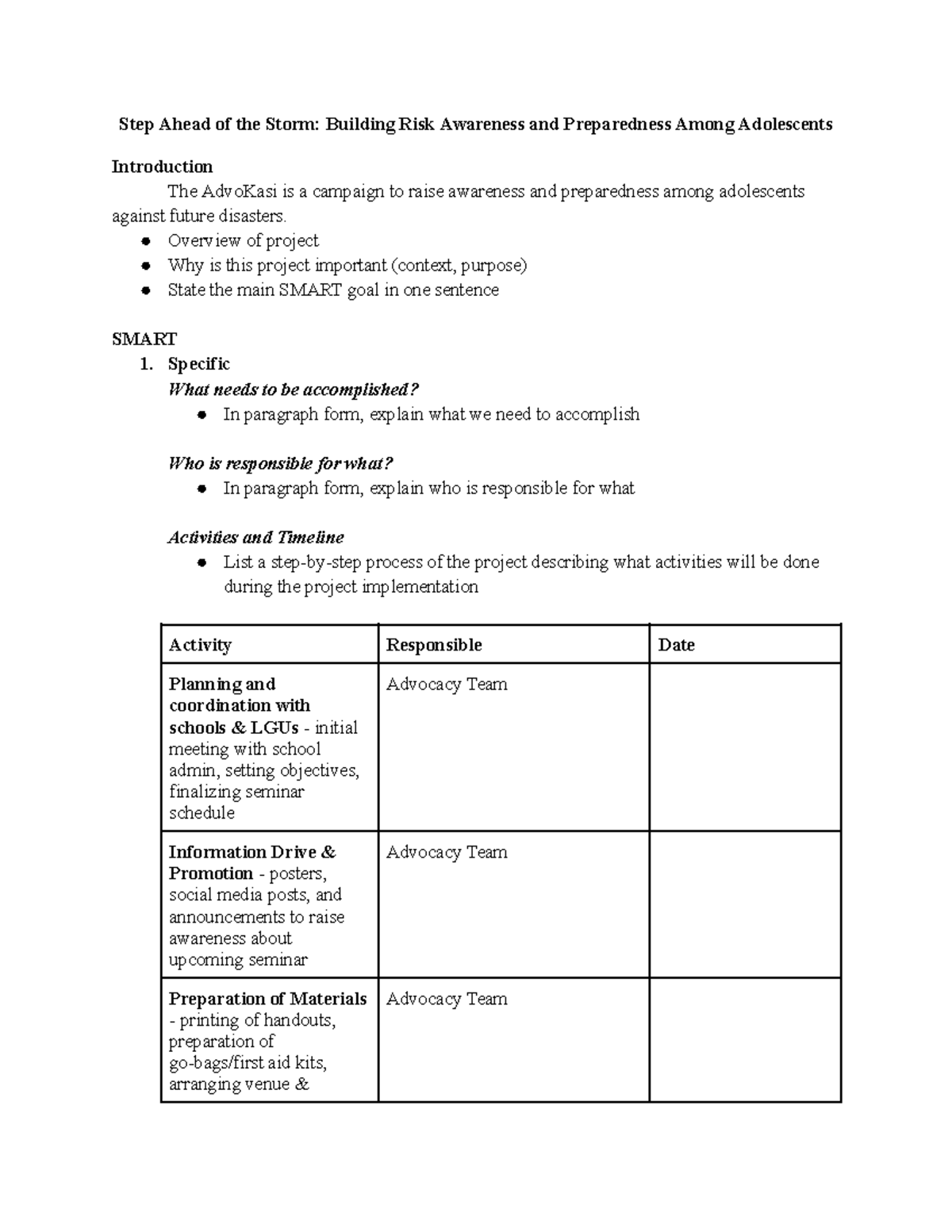 AdvoKasi Campaign: SMART Objectives & Action Plan for DRRM - Studocu