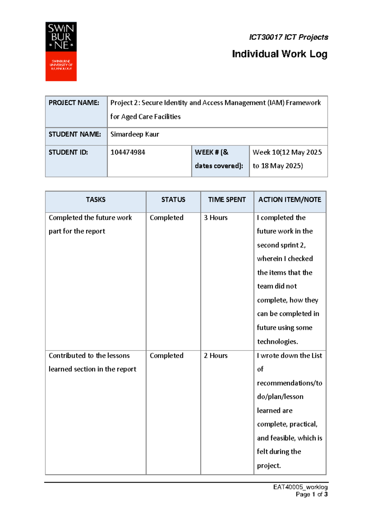ICT30017 Project 2 Worklog: Week 10 - IAM Framework Progress - Studocu