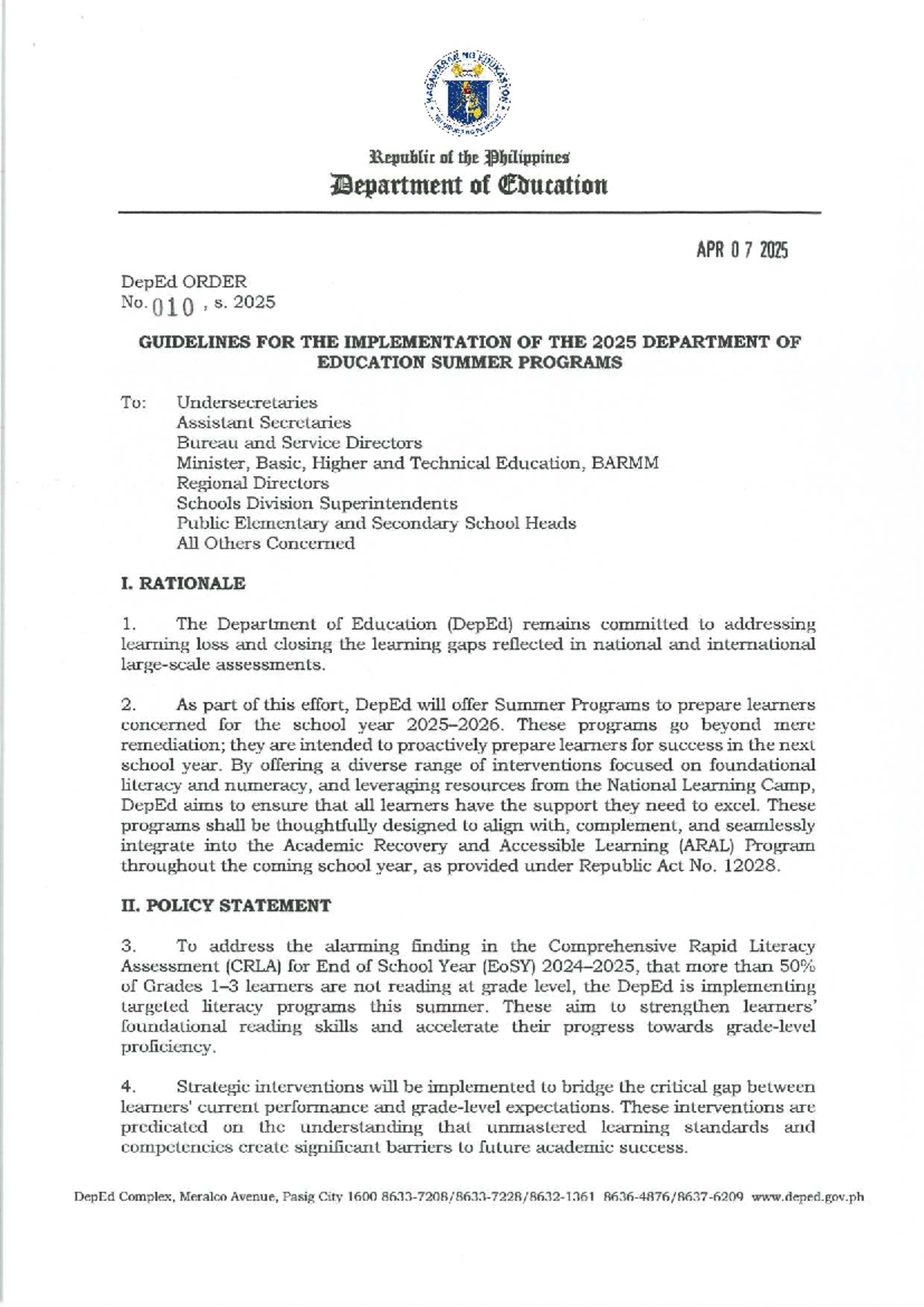 DO 010, S. 2025: Guidelines for 2025 DepEd Summer Programs ...