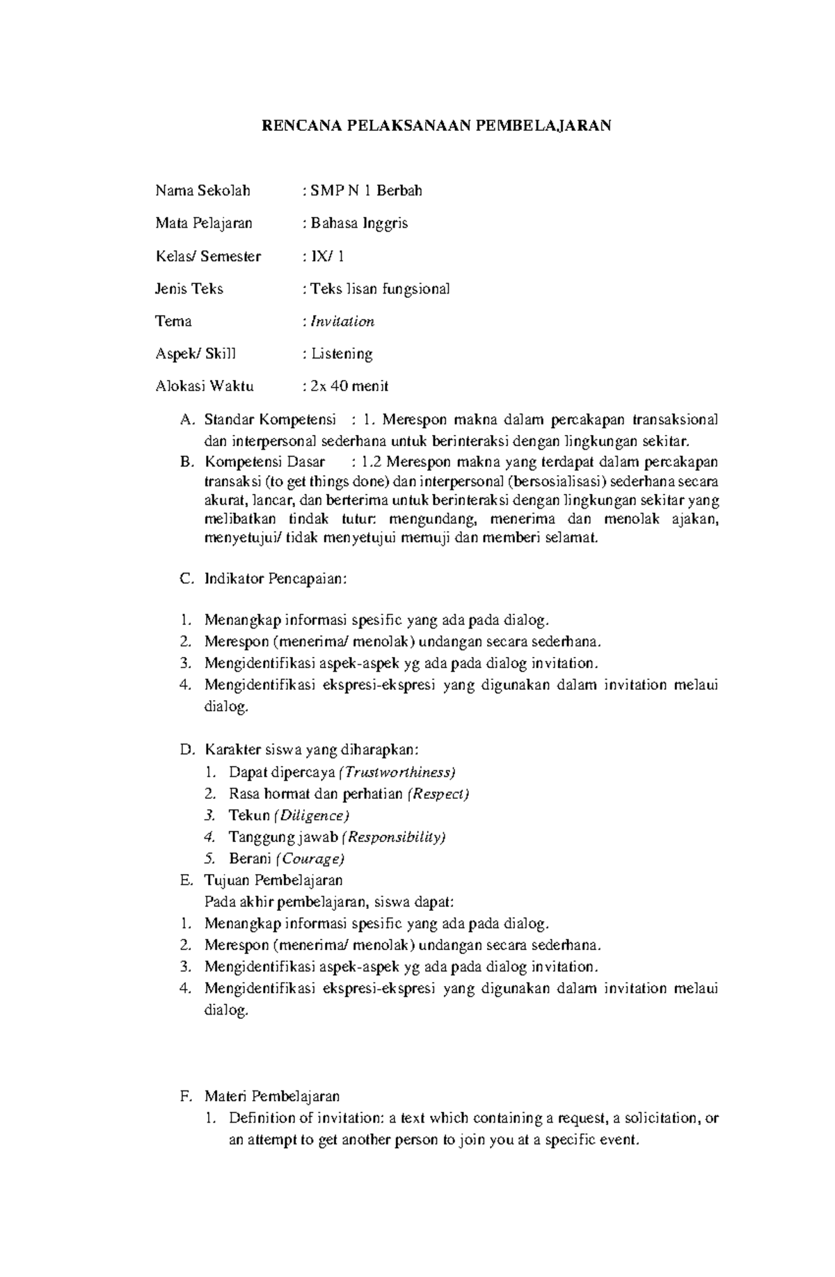 Lampiran rpp 2 - RENCANA PELAKSANAAN PEMBELAJARAN Nama Sekolah : SMP N ...