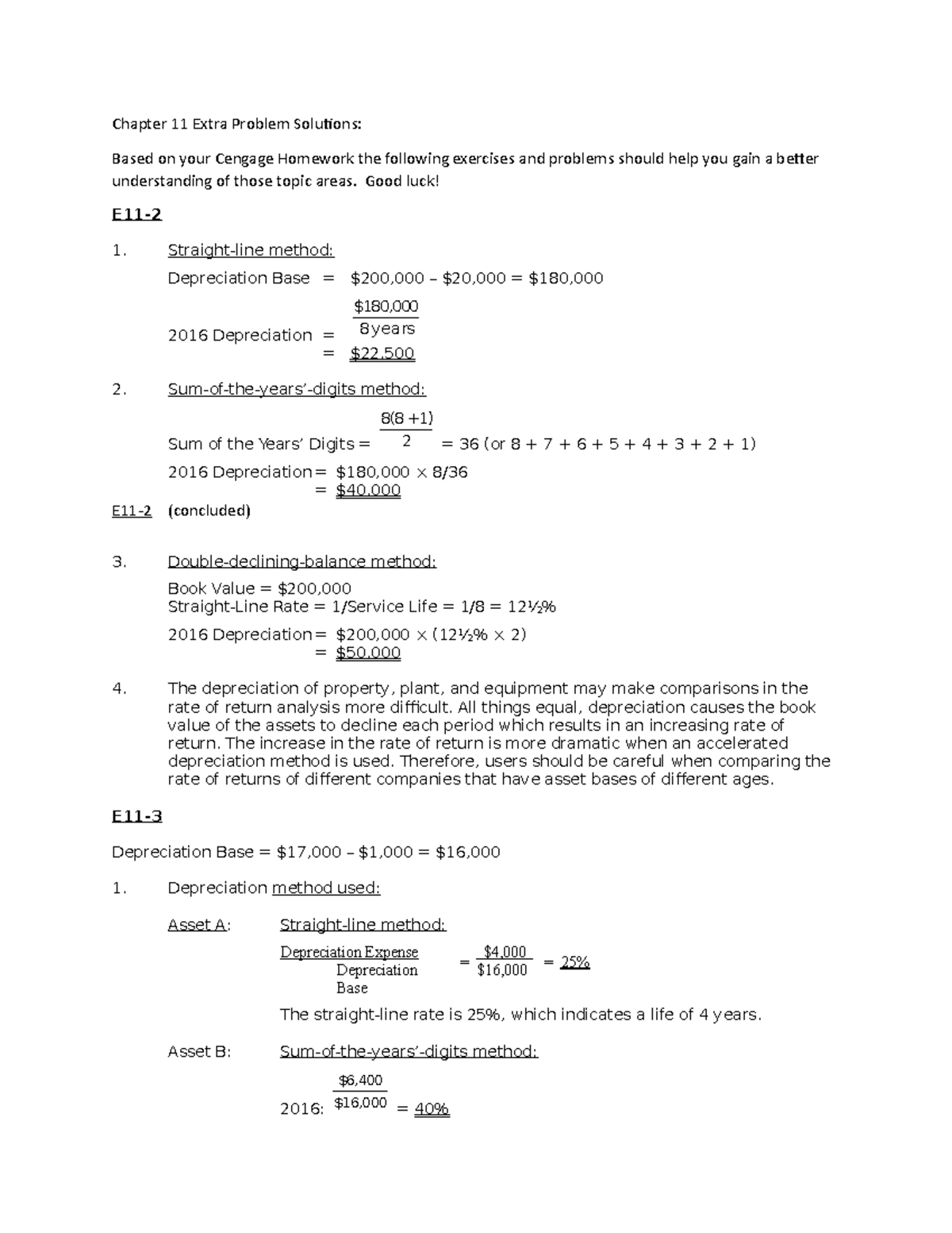 Chapter 11 Solutions for Extra Problems on Depreciation Methods - Studocu