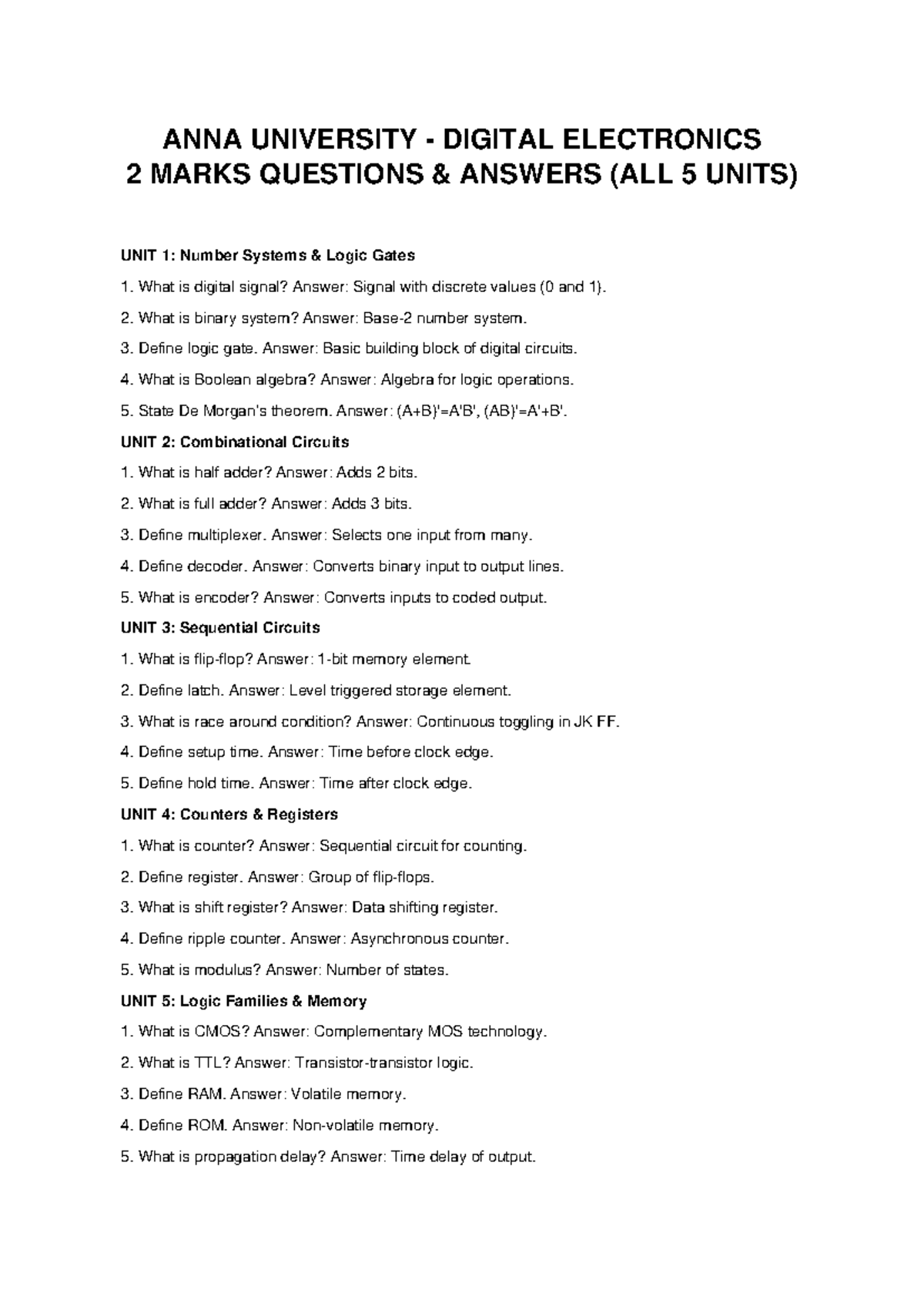 Anna University Digital Electronics 2 Marks Q&A (All Units) - Studocu