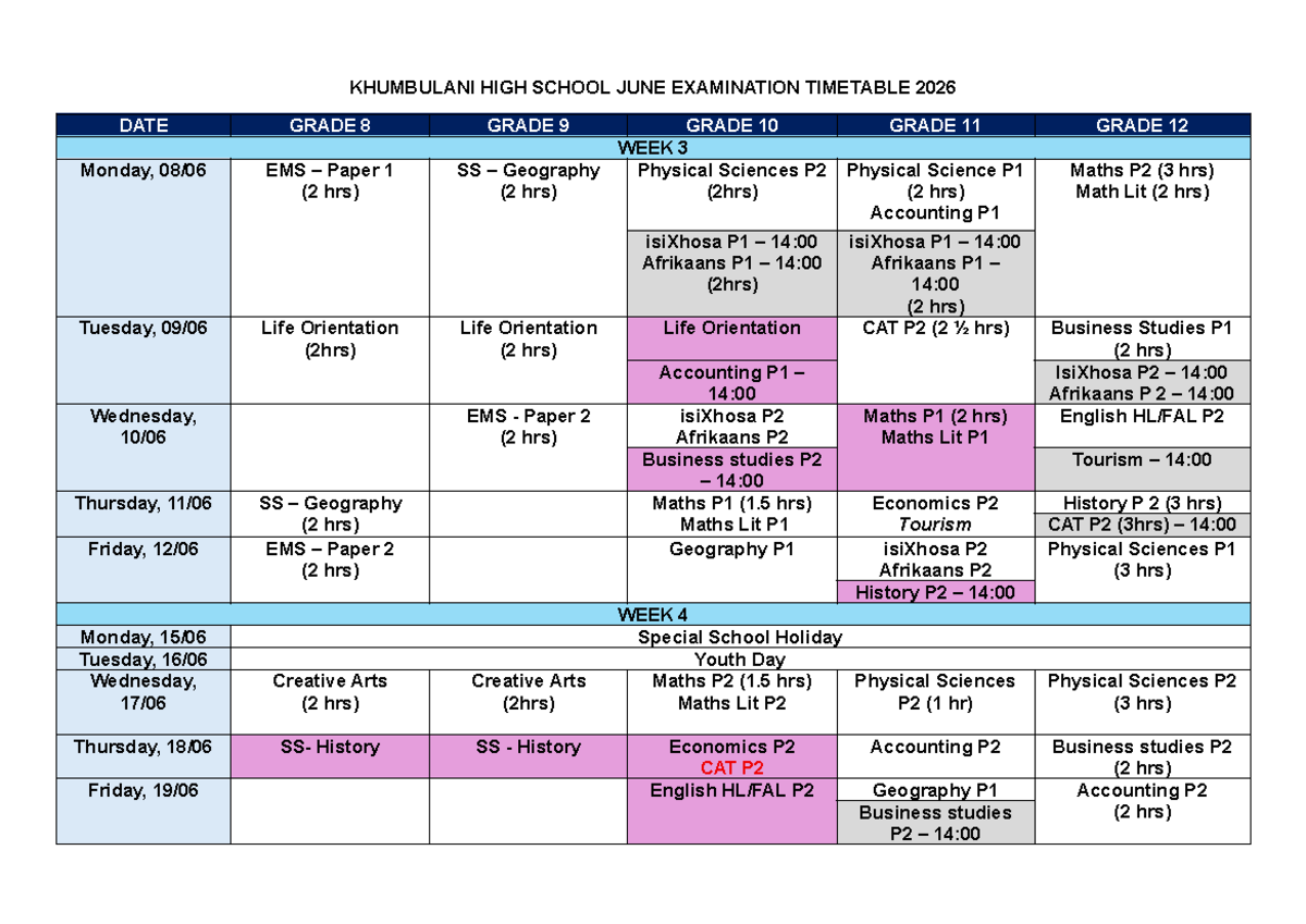 KHUMBULANI HIGH SCHOOL GRADE 8-12 JUNE EXAM TIMETABLE 2026 - Studocu