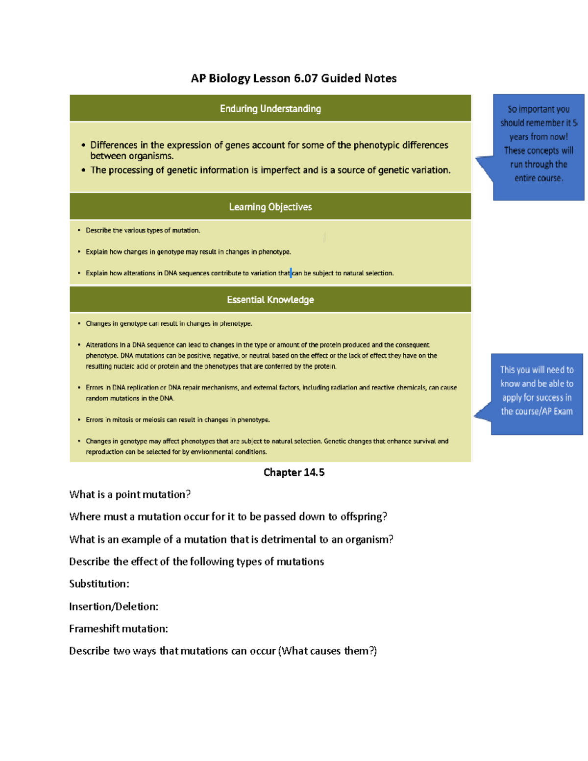 AP Biology Lesson 6: Guided Notes on Point Mutations & Effects - Studocu