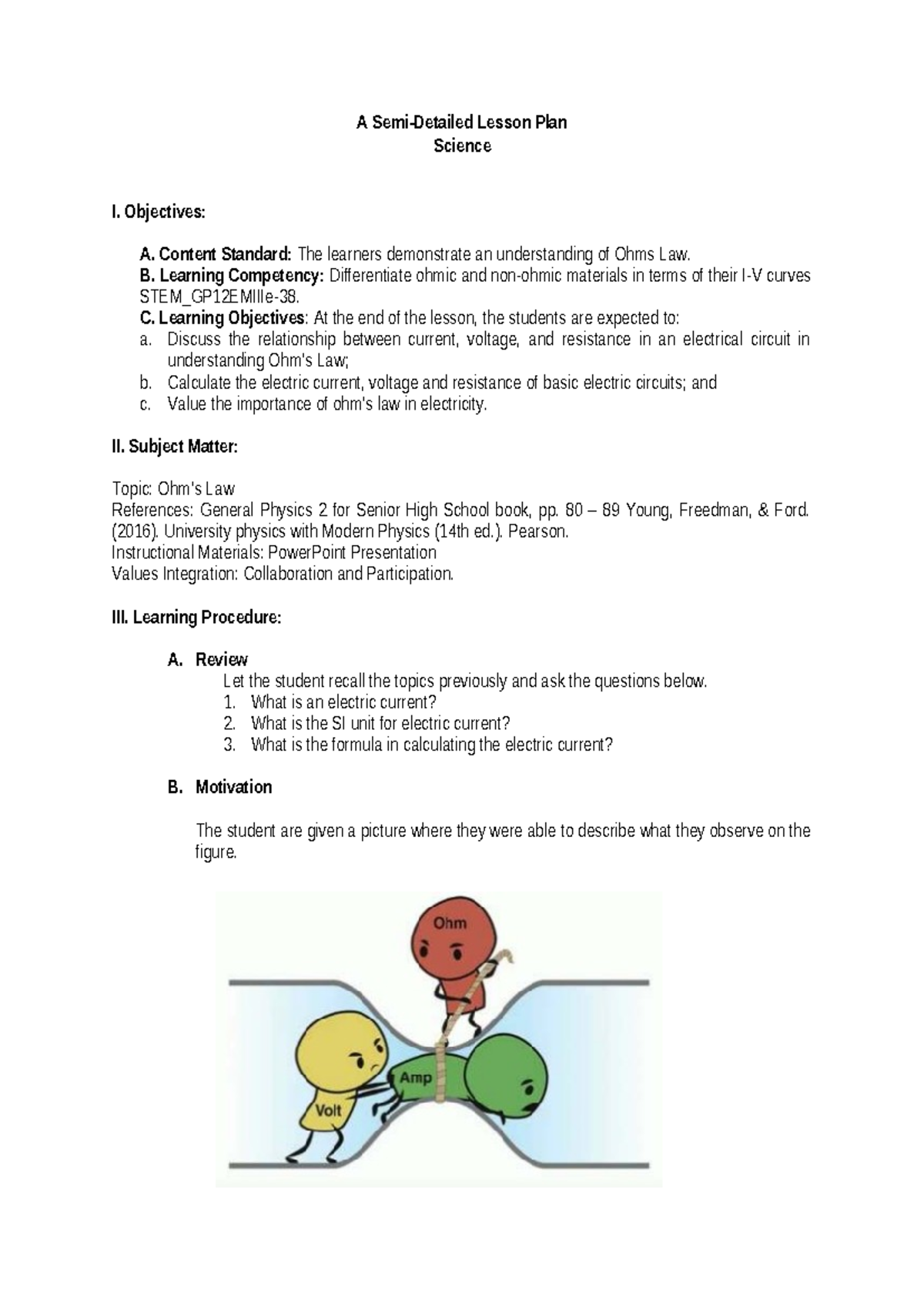 Semi-Detailed Lesson Plan on Ohm's Law for Science I - Studocu