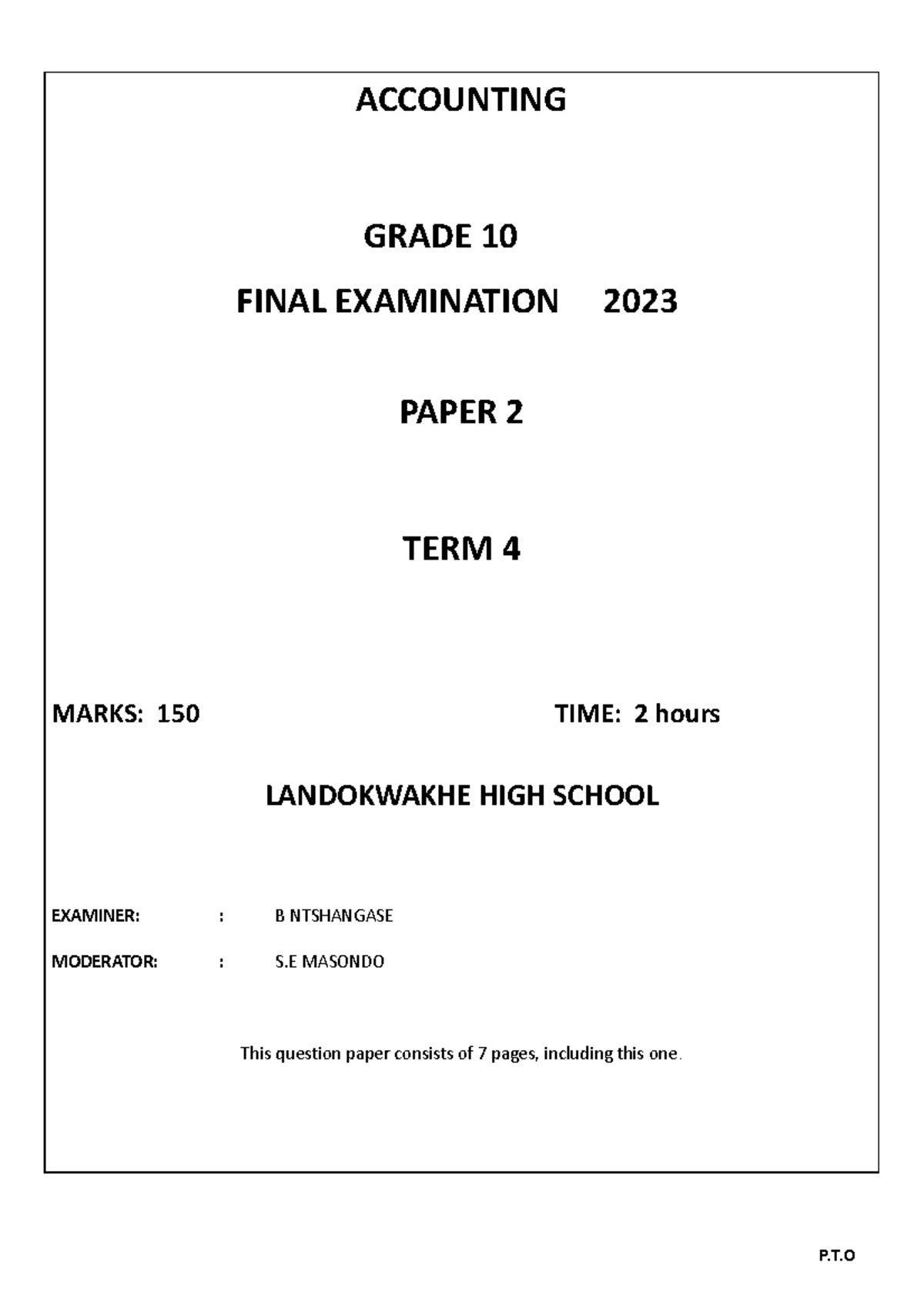 Accounting P2 - ACCOUNTING GRADE 10 FINAL EXAMINATION 2023 PAPER 2 TERM ...