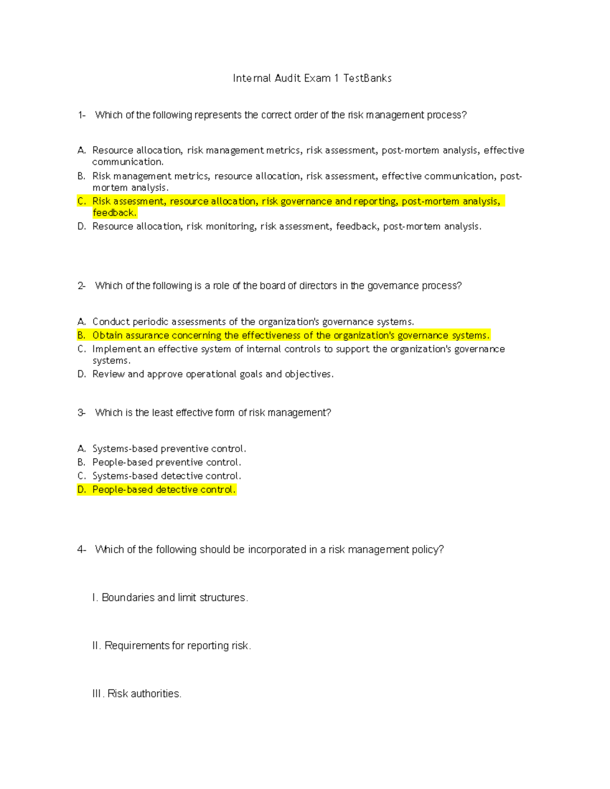 Internal Audit Exam I Test Banks - Key Concepts and Questions - Studocu