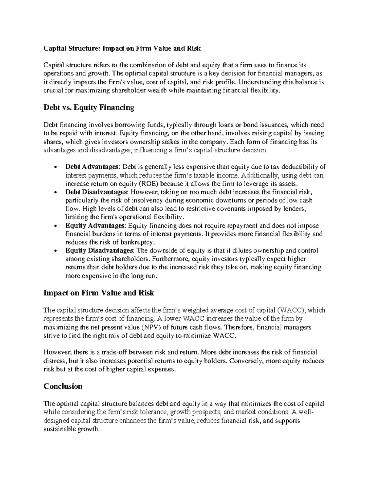 Capital Structure-Impact on Firm Value and Risk - The optimal capital ...
