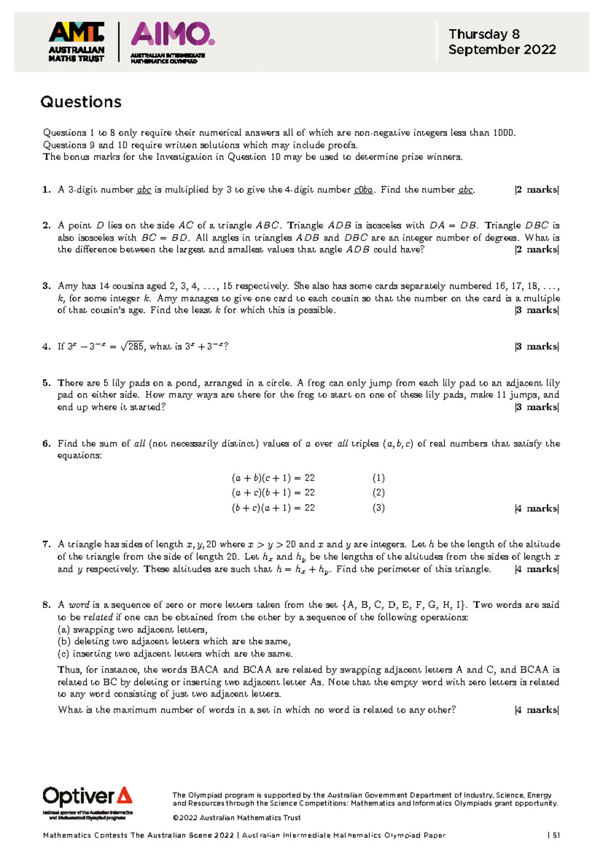 AIMO2022 - Australian Intermediate Mathematics Olympiad Questions - Studocu