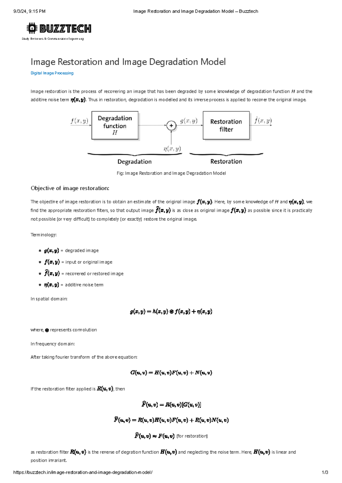 Image Restoration Techniques in Digital Image Processing - ECE 301 ...