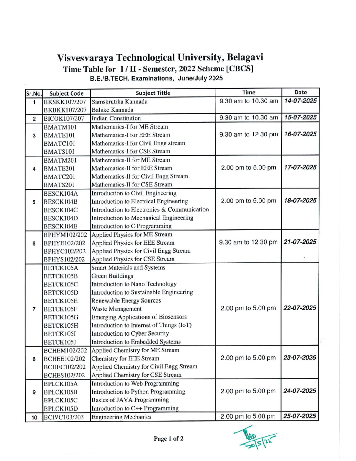 VTU 2nd Sem SEE Tentative Time Table for 2022 Scheme Examinations - Studocu