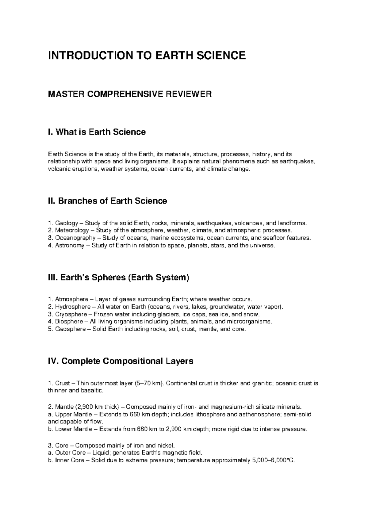 Master Earth Science Reviewer: Comprehensive Study Guide - Studocu