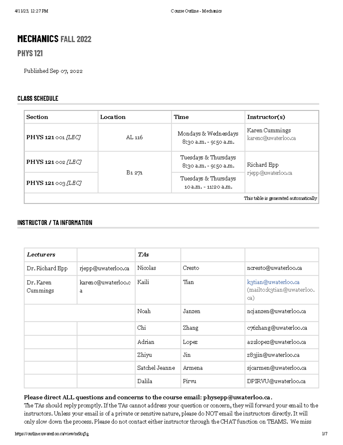 PHYS 121 - Mechanics Course Outline for Fall 2022 - Studocu