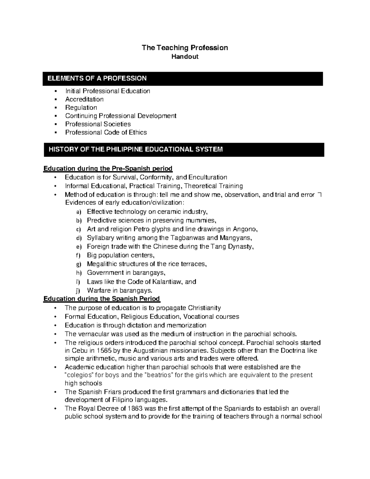 PED-2 Handout: Overview of the Teaching Profession in the Philippines ...
