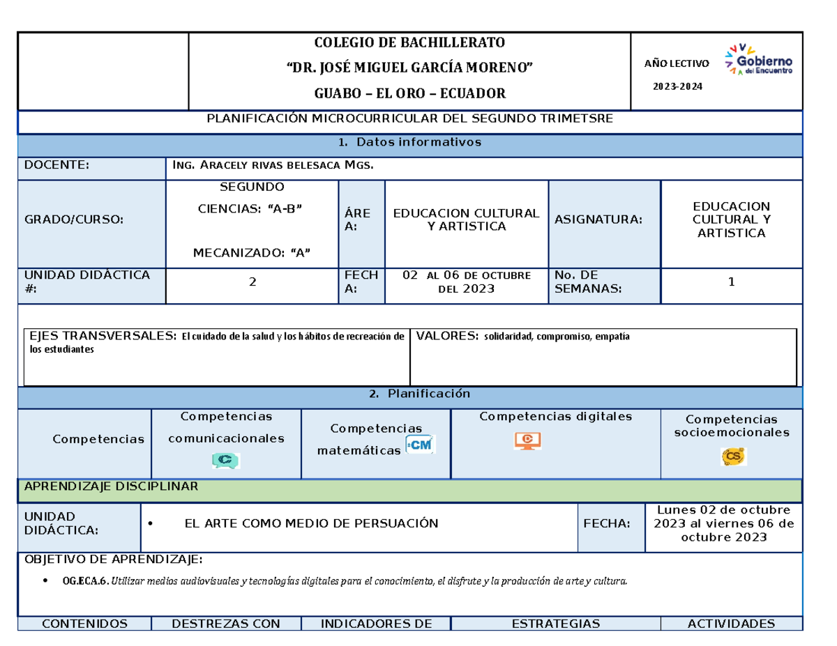 ECA PLAN DE Clase 2 Octubre 2023 OBAU - COLEGIO DE BACHILLERATO “DR ...