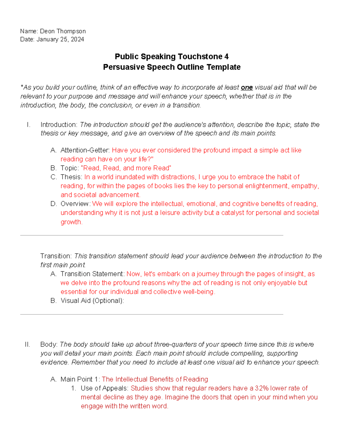 Public Speaking (Course Code) Touchstone 4: Persuasive Speech Outline ...