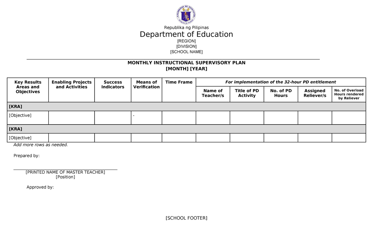 Annex B Instructional Supervisory Plan Template - Republika ng ...