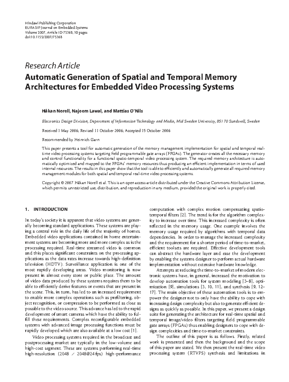 Automatic Memory Architecture Generation for Embedded Video Processing ...