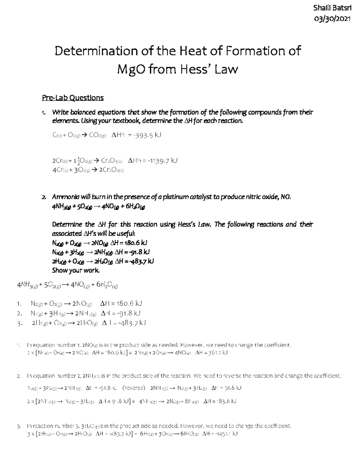 Heat of Formation of MgO Using Hess' Law - Chemistry Lab Study - Studocu