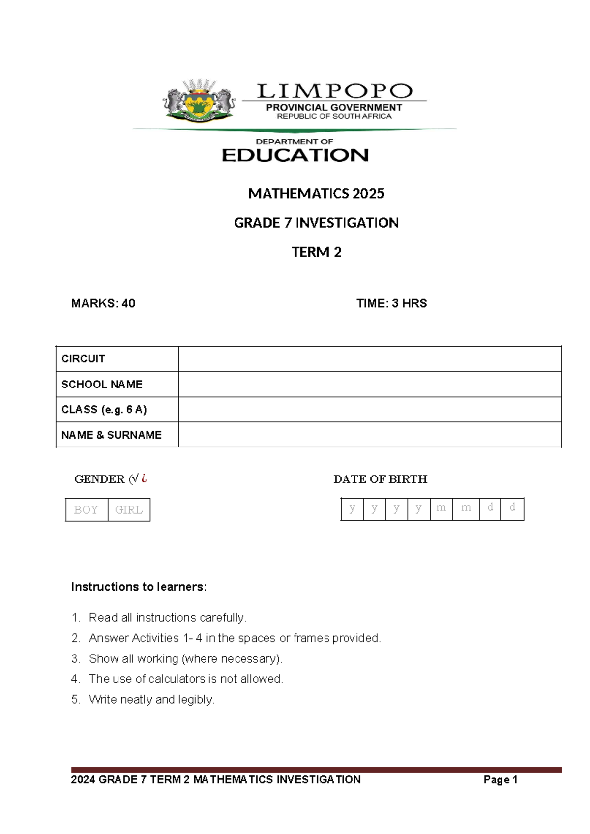 MATHEMATICS 2025 GRADE 7 TERM 2 INVESTIGATION ASSIGNMENT - Studocu