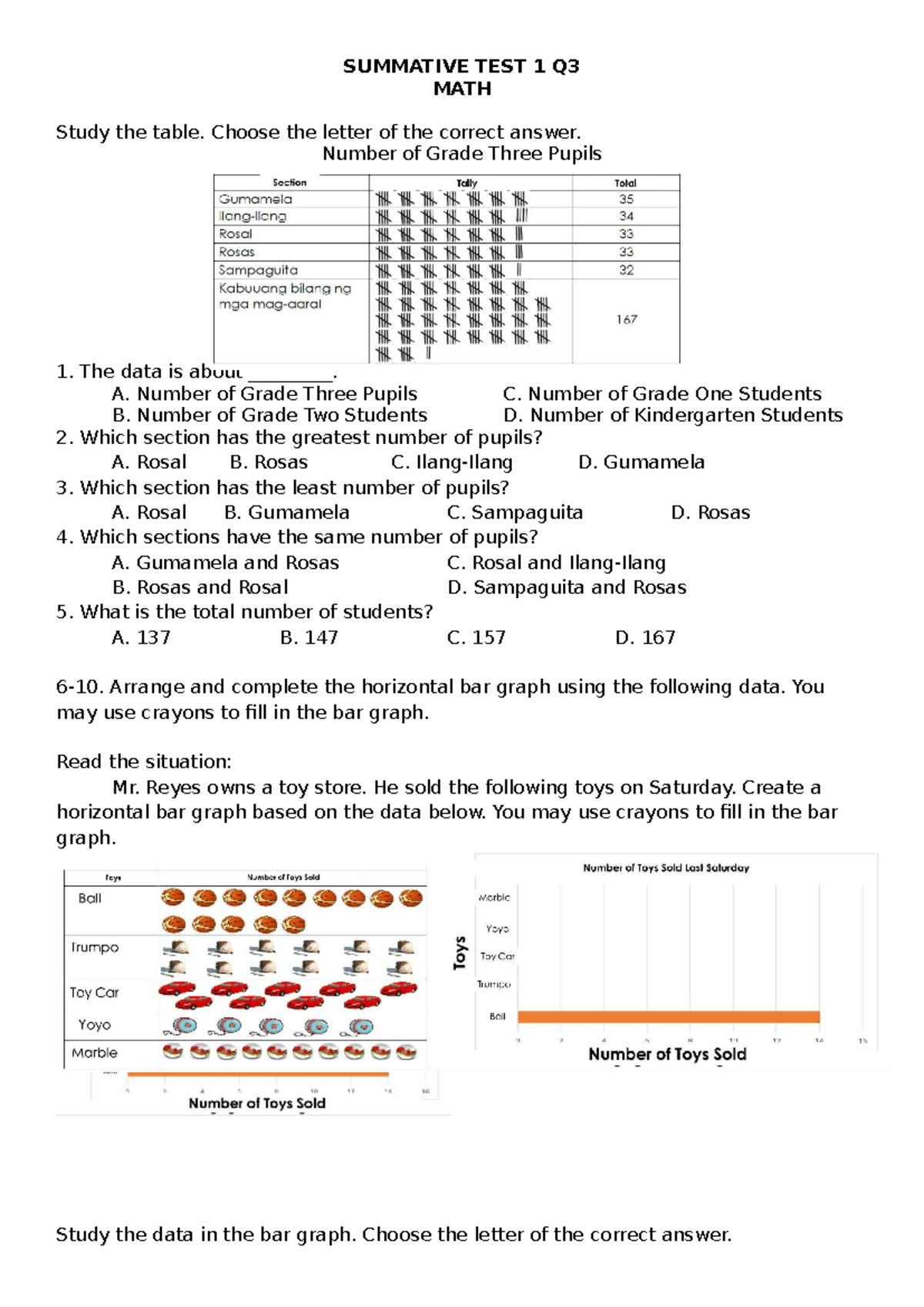 MATH SUMMATIVE TEST 1 Q3: Grade 3 Pupils Data Analysis - Studocu