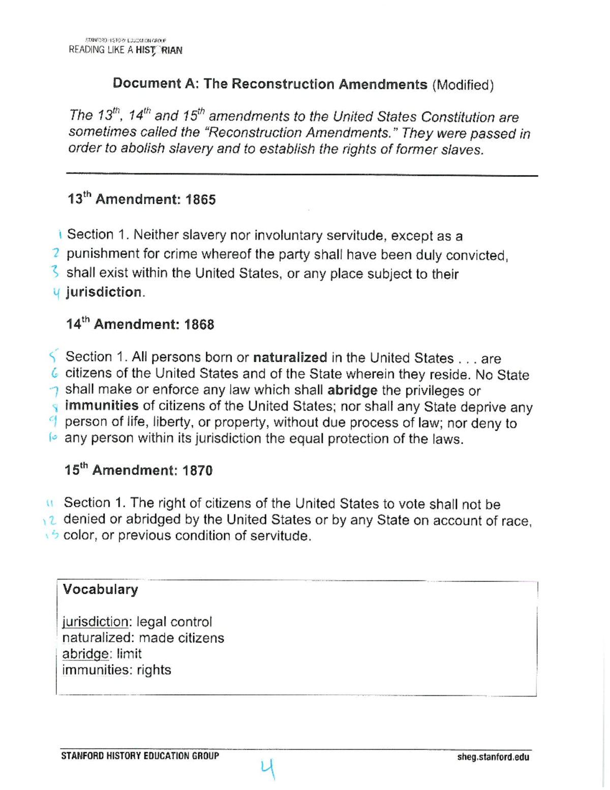 Reconstruction Documents Class Set 2: Amendments, Black Codes ...