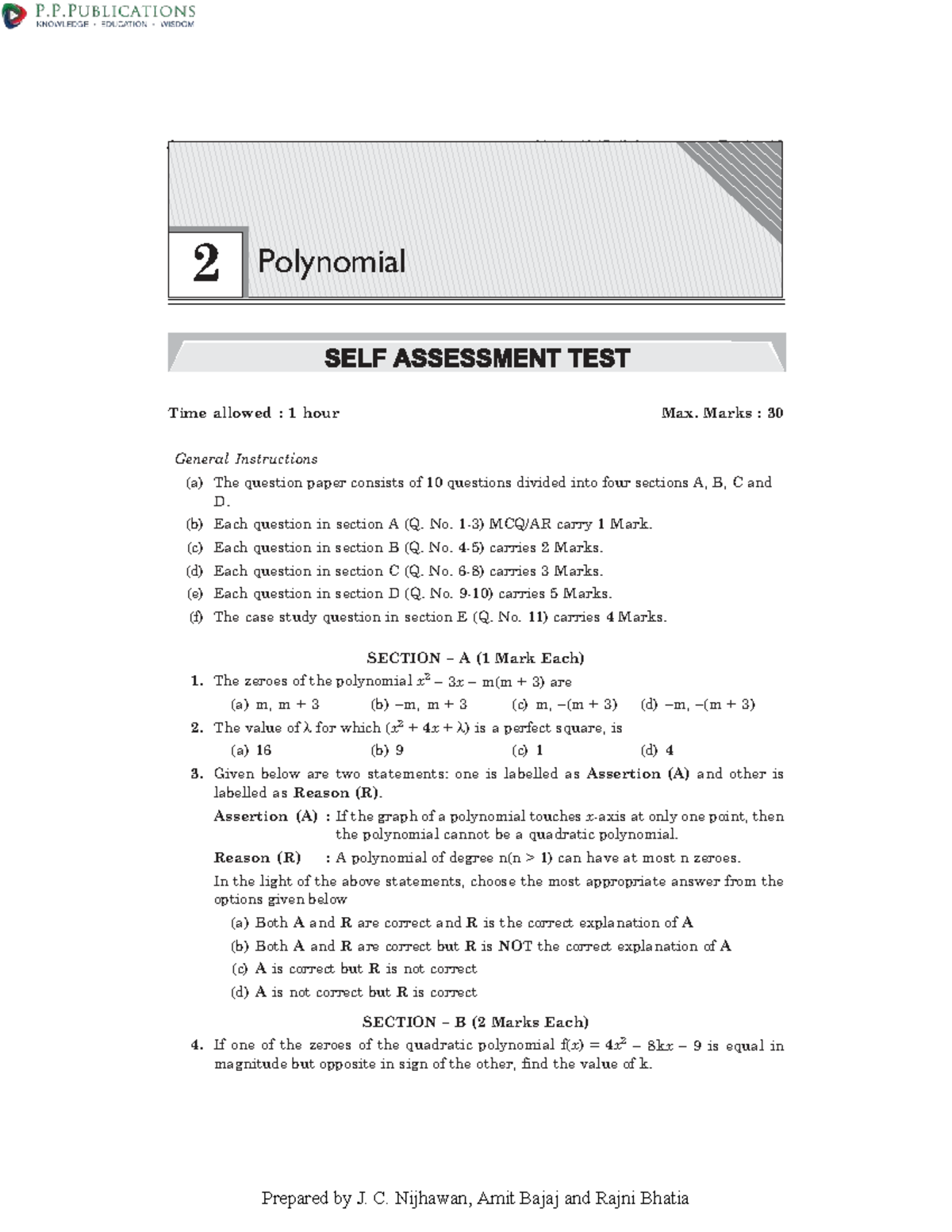 Class X Math - Polynomial Self Assessment Test (SAT) - Studocu
