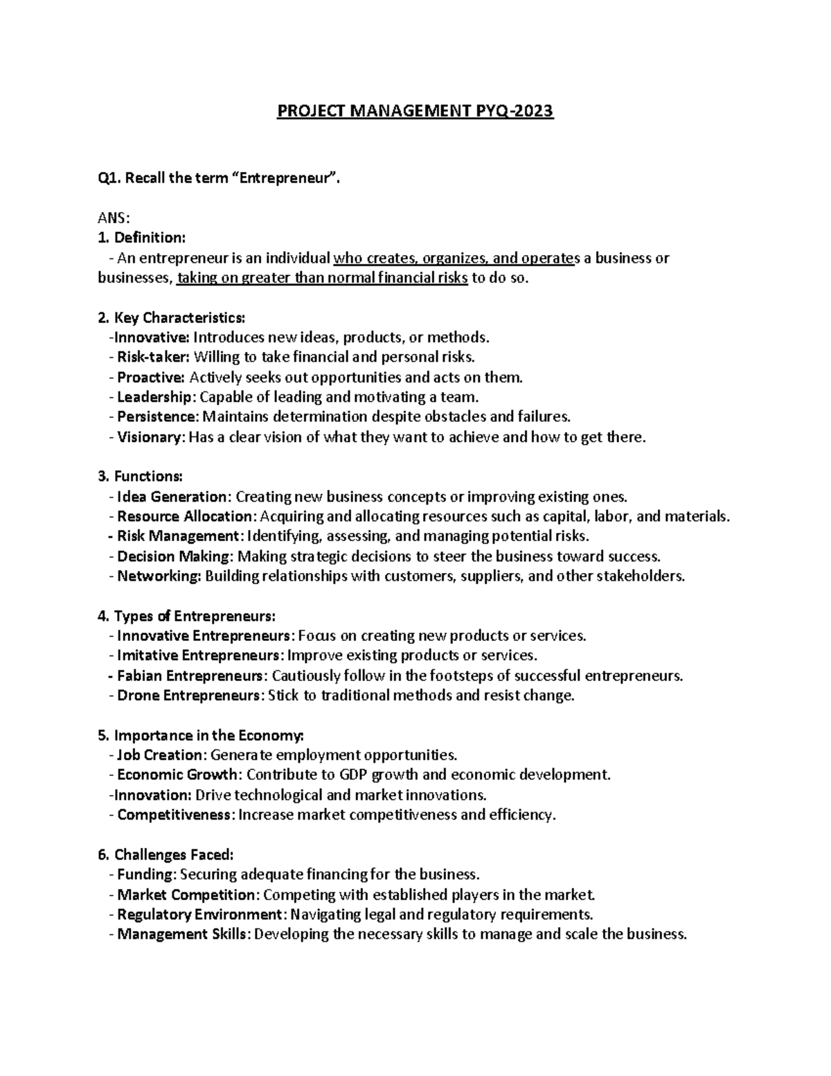 Project Management PYQ Analysis and Entrepreneurial Insights - Studocu