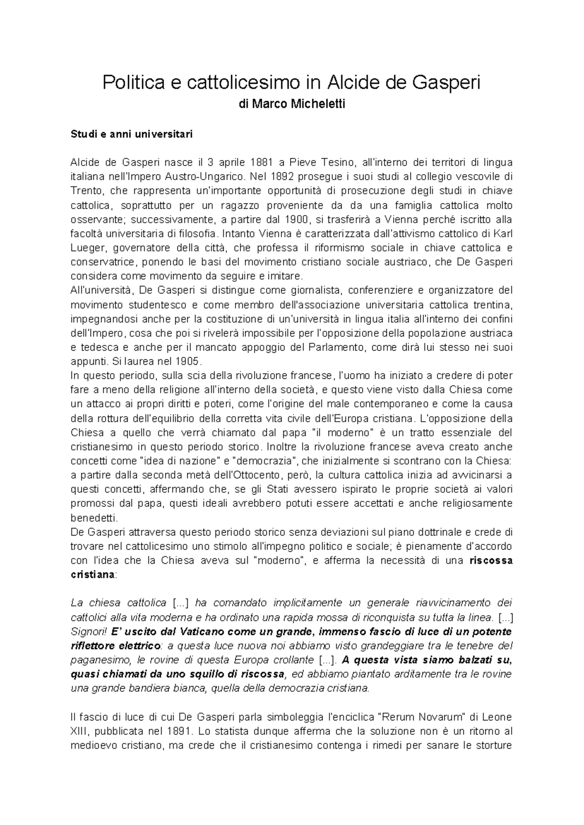 Relazione su Alcide De Gasperi: Politica e Cattolicesimo - Studocu
