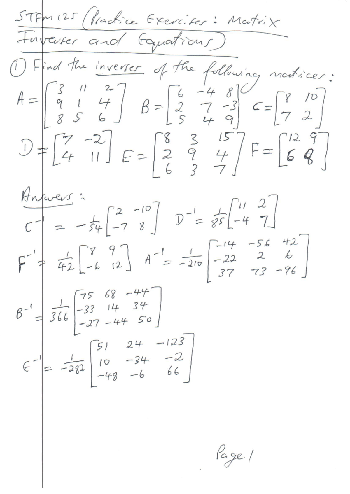 STFM125 Practice Exercises: Matrix Inverses and Equations - Studocu