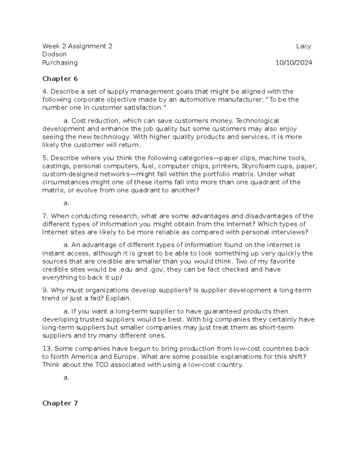 Week 2 Homework - Questions numbered answers letter a - Week 2 ...