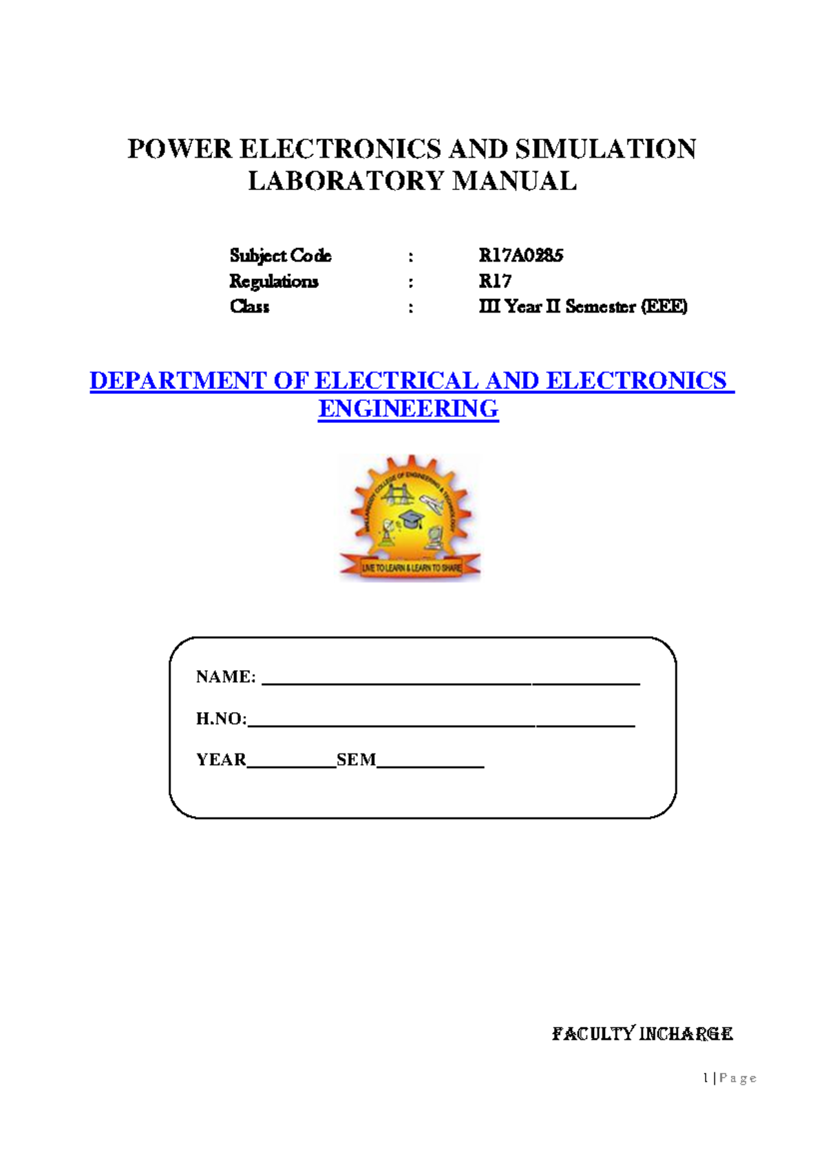 Power Electronics Lab Manual (R17A0285) for III Year EEE - Studocu