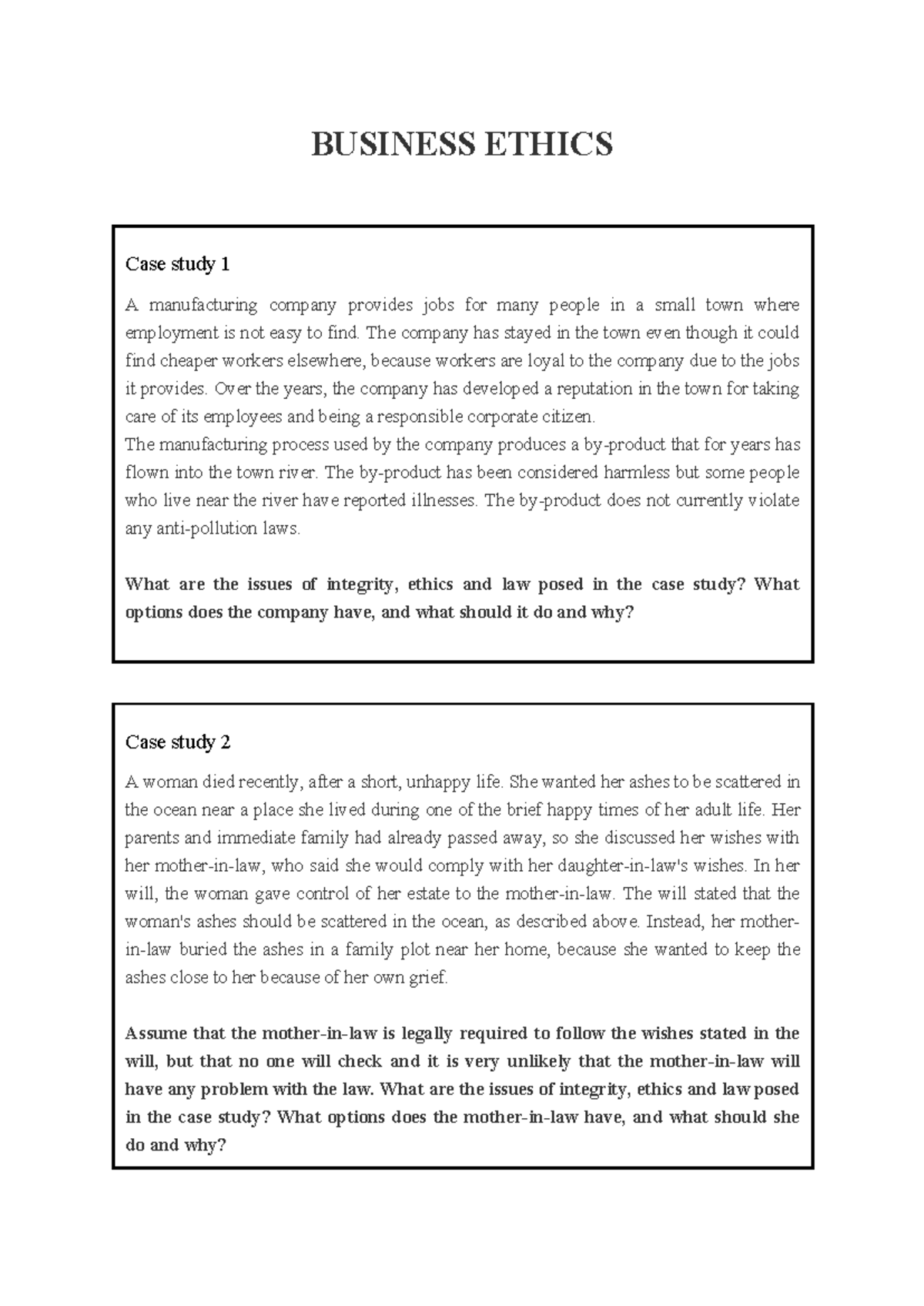 Business Ethics Case Study Analysis: Integrity, Ethics, and Law - Studocu