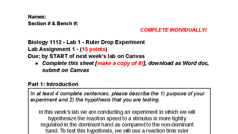 Lab 1 - Ruler Drop Experiment: Individual Assignment Guide - Studocu