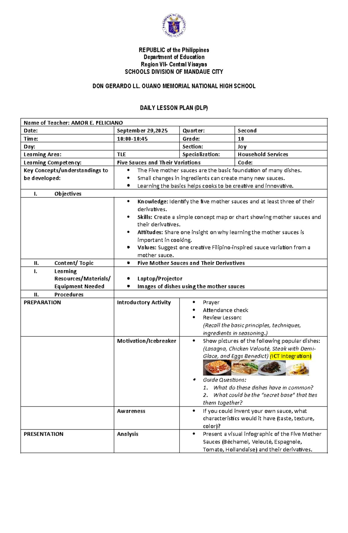 COT-Module 7: Daily Lesson Plan on Five Mother Sauces for TLE Grade 10 ...