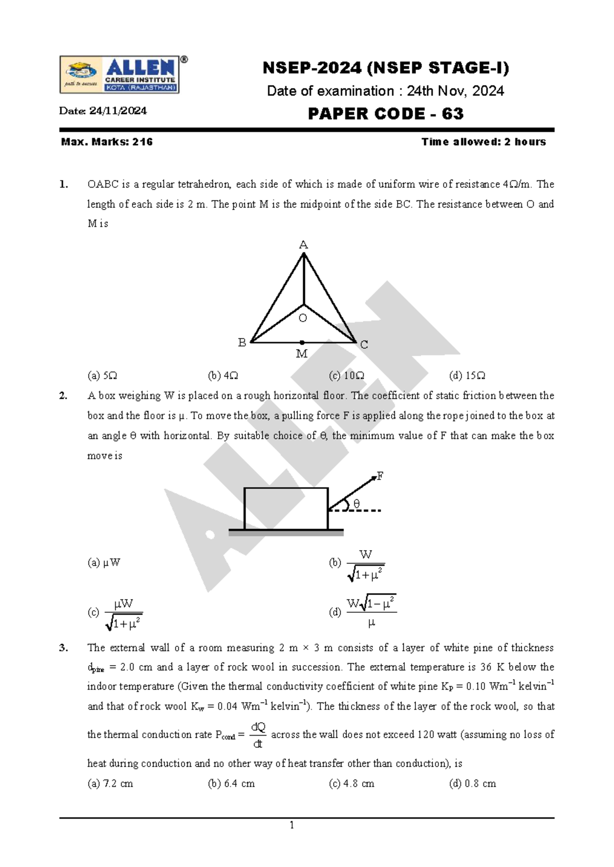 NSEP 2024 Paper Code 63: Physics Exam Questions and Solutions - Studocu