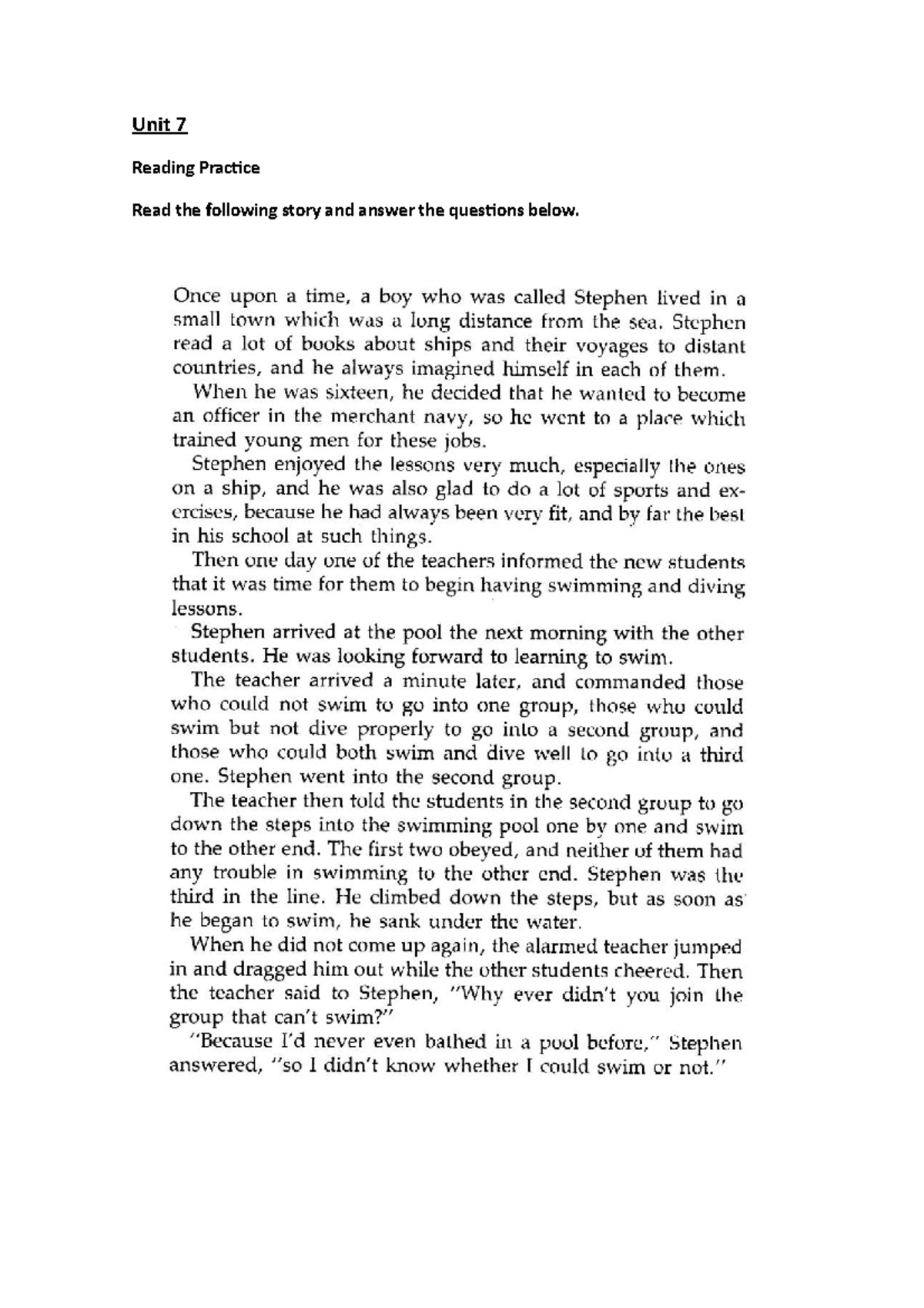 Reading Practice 7 - Unit 7 Questions and Answers - Studocu